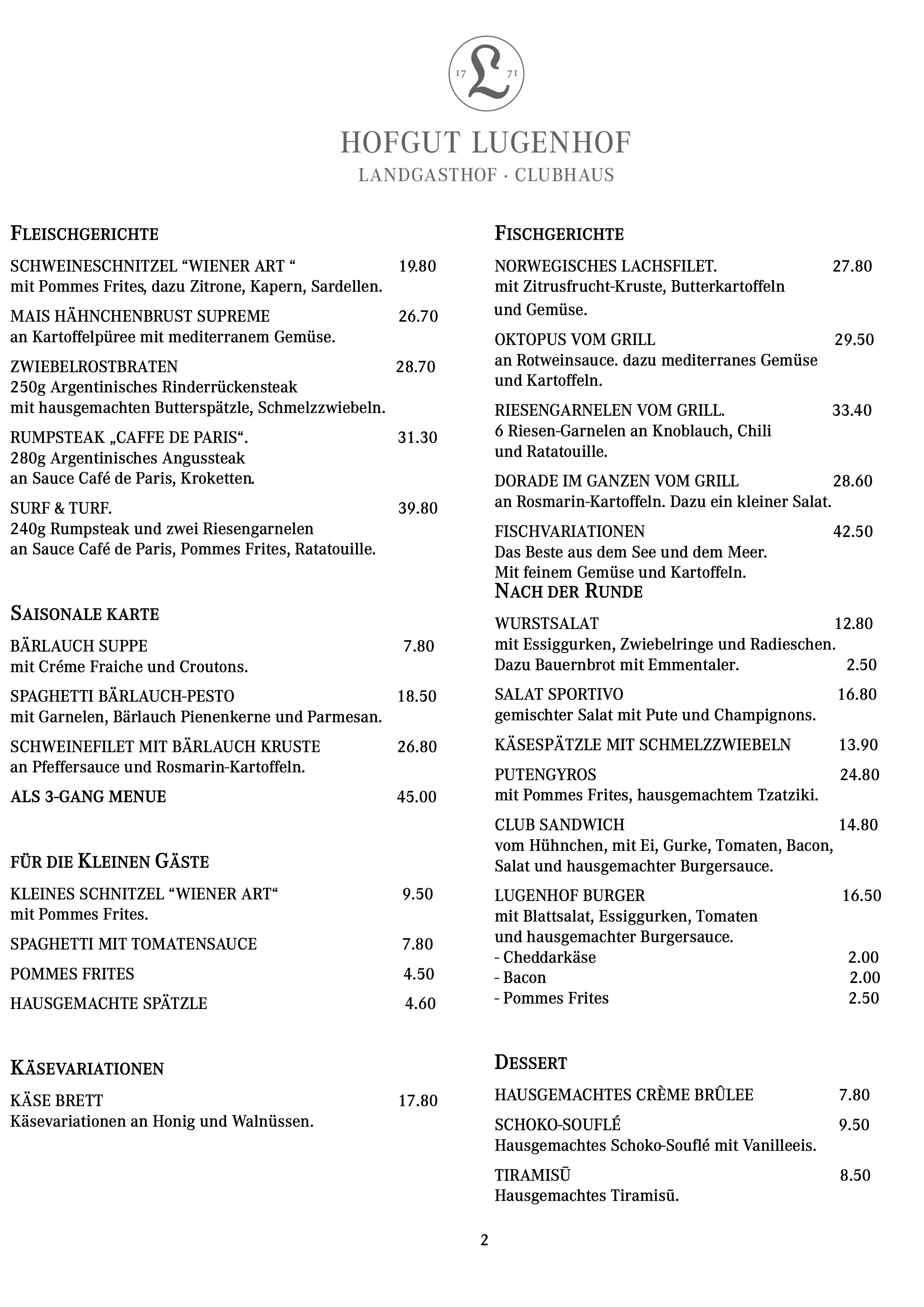 Restaurant Hofgut-Lugenhof - Speisekarte